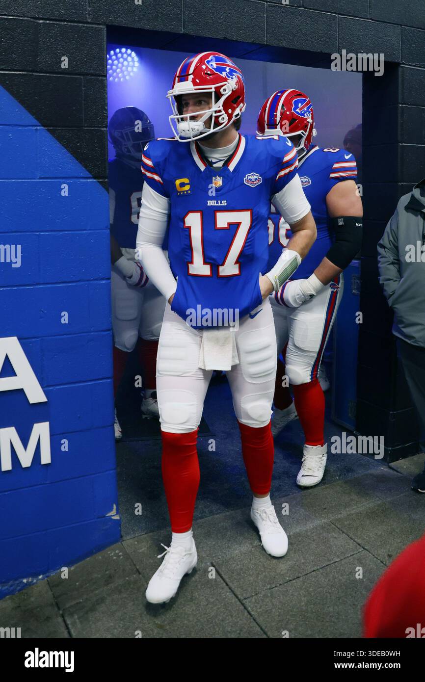 Buffalo Bills quarterback Josh Allen (17) walks out of the locker room ...
