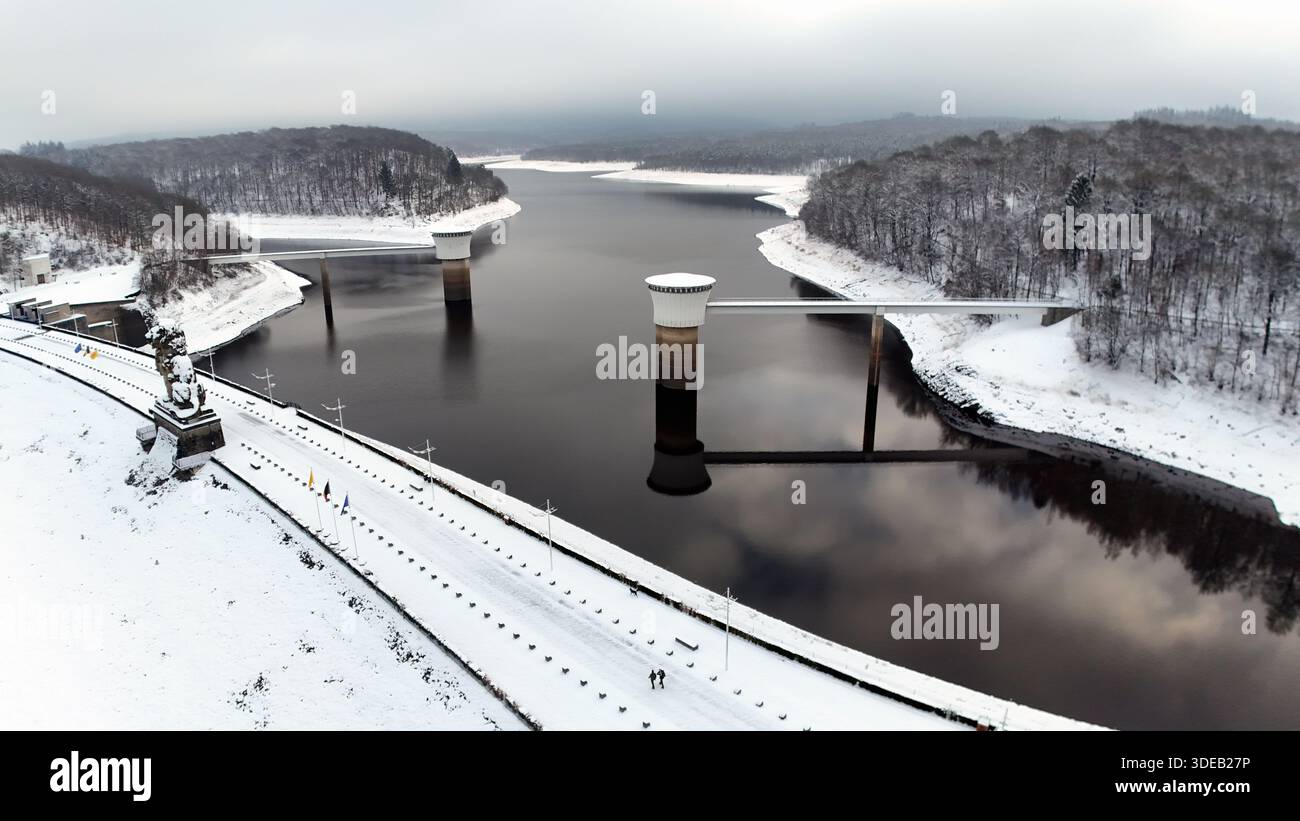 This aerial drone image shows a snowy lion statue on the dam of the ...