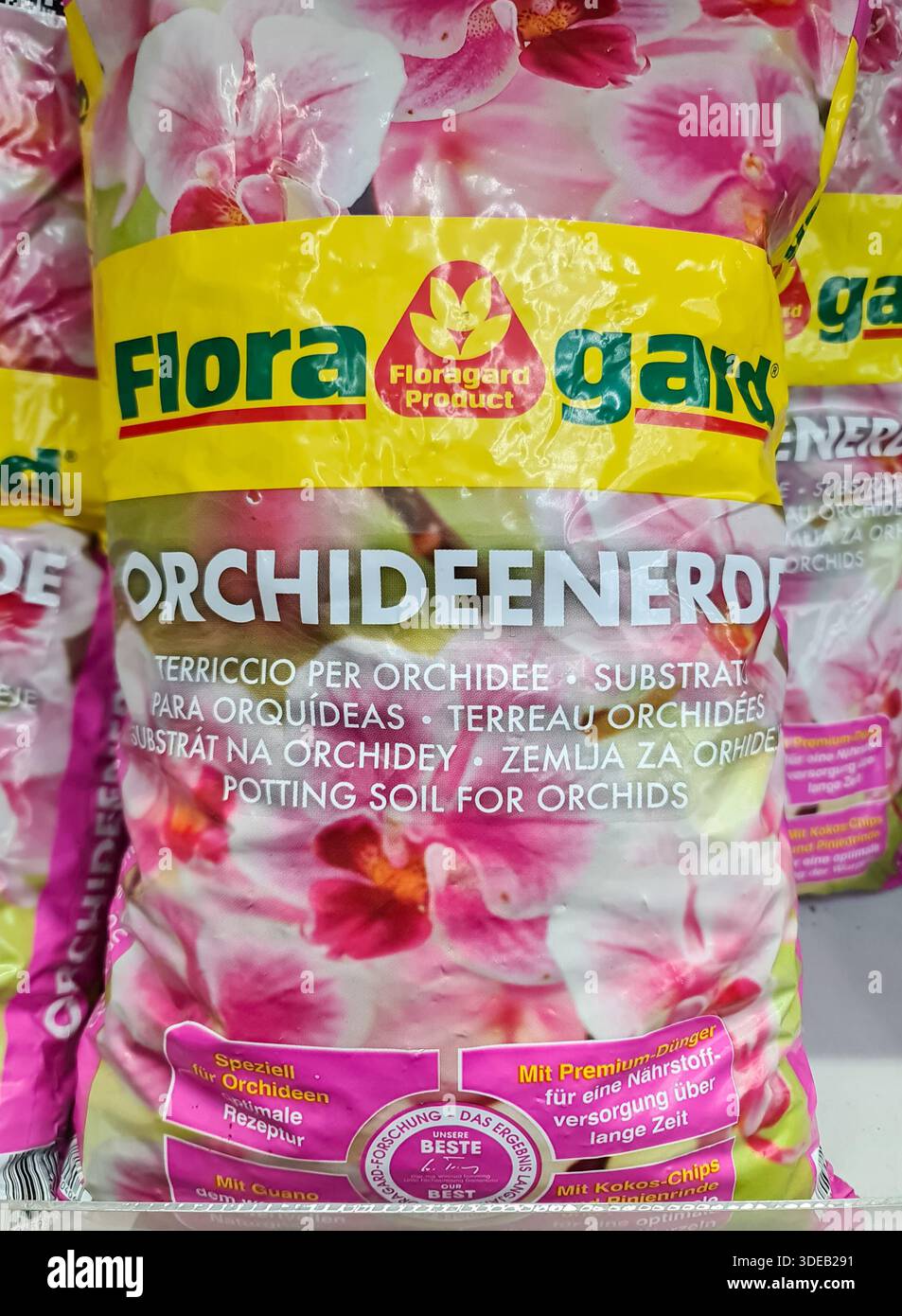 Kiel, Germany - 22. December 2025: Bag of Flora gard orchid potting ...