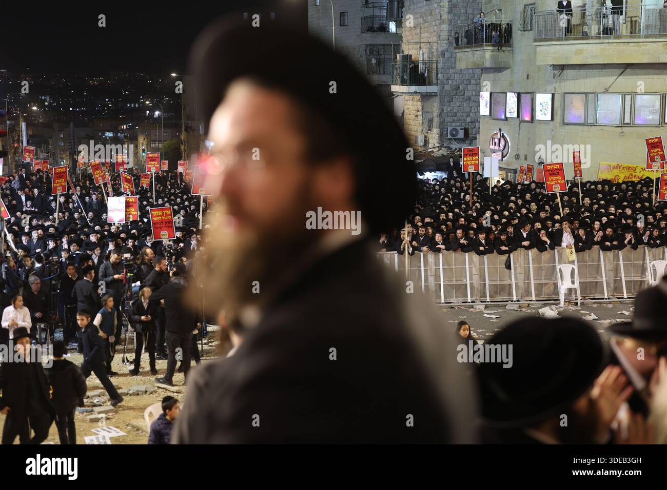 06 January 2026, Israel, Jerusalem: Ultra-Orthodox Jewish men protest ...