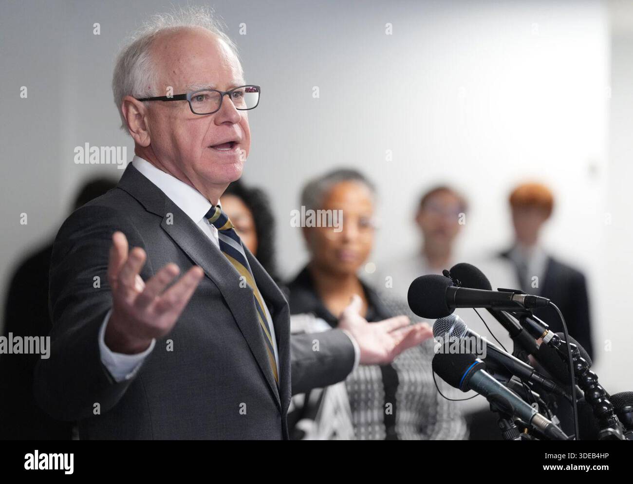 Gov. Tim Walz speaks during a news conference on Tuesday, Jan. 6, 2026 ...