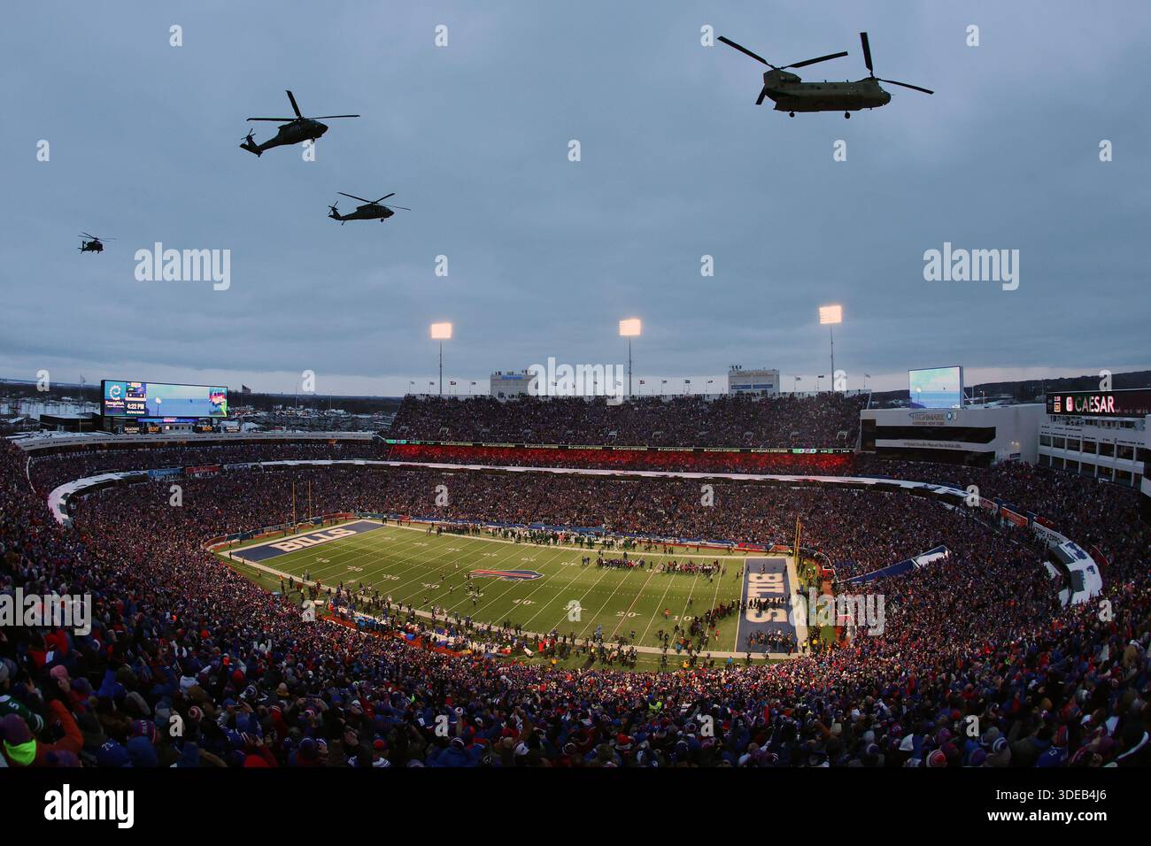 Helicopters fly over Highmark Stadium prior to the first half of an NFL ...