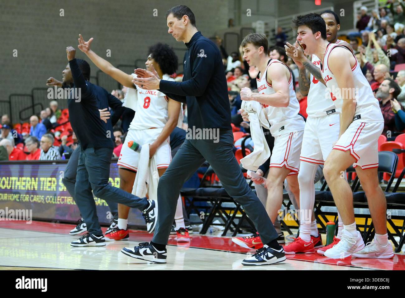 January 05, 2026: Cornell Big Red head coach Jon Jaques reacts to a ...