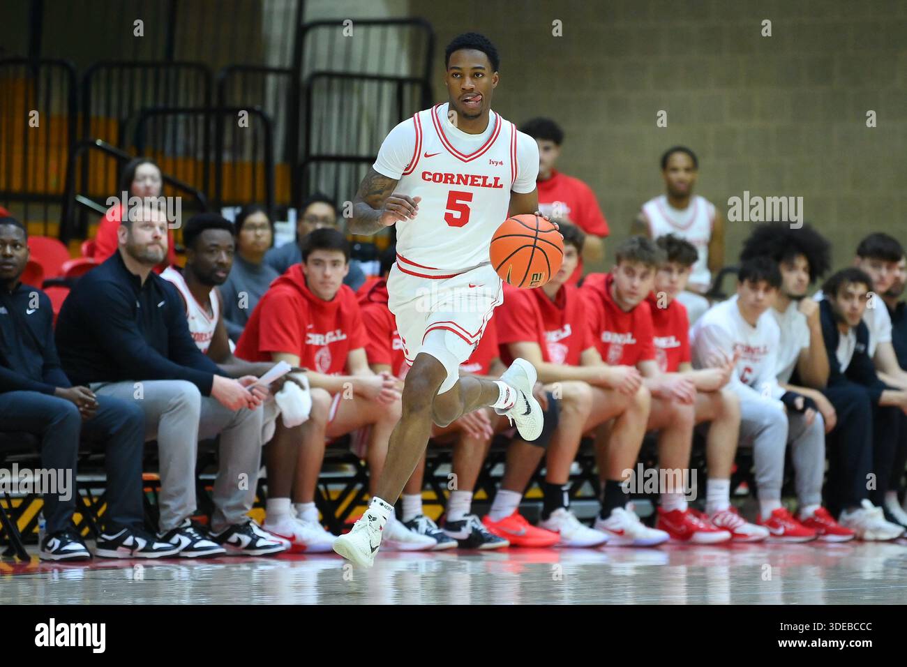 January 05, 2026: Cornell Big Red guard Jacob Beccles (5) controls the ...