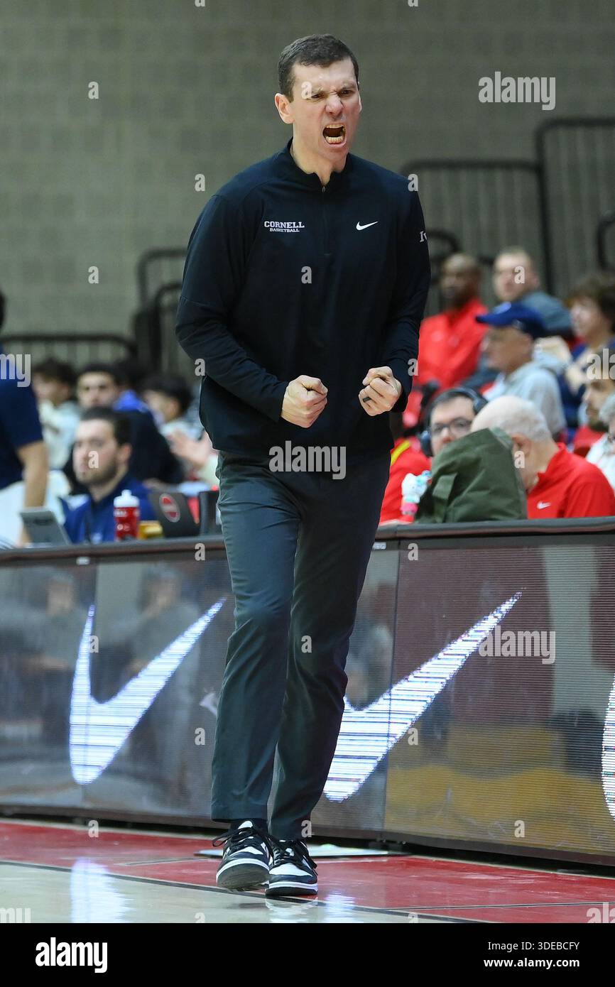 January 05, 2026: Cornell Big Red head coach Jon Jaques reacts during ...
