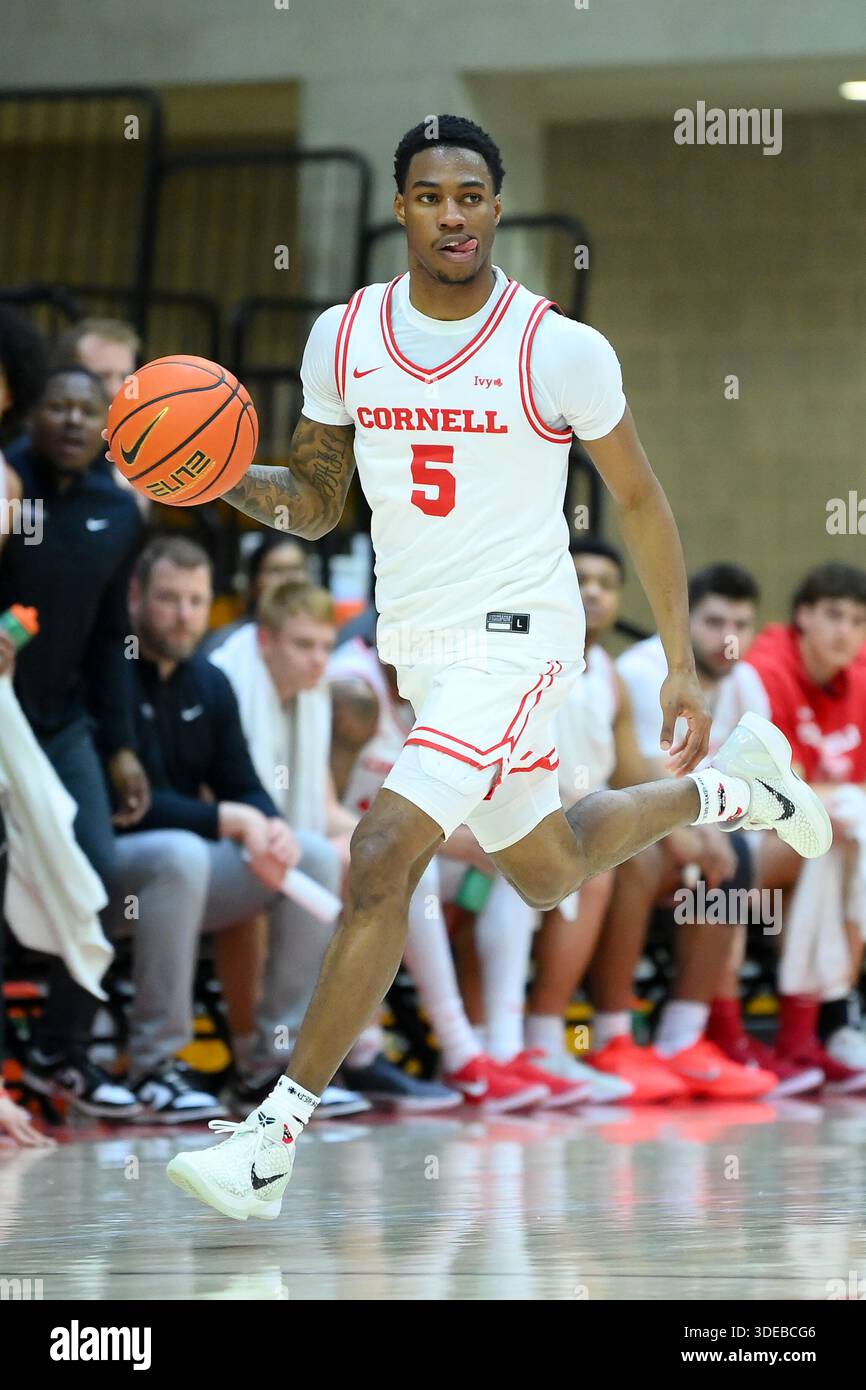 January 05, 2026: Cornell Big Red guard Jacob Beccles (5) controls the ...