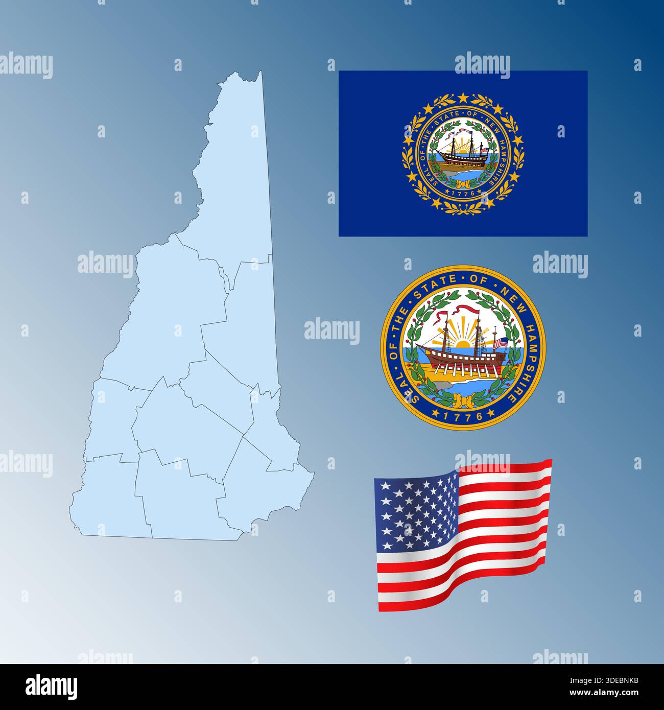 New Hampshire US federal state waving flag, seal and map, United States ...