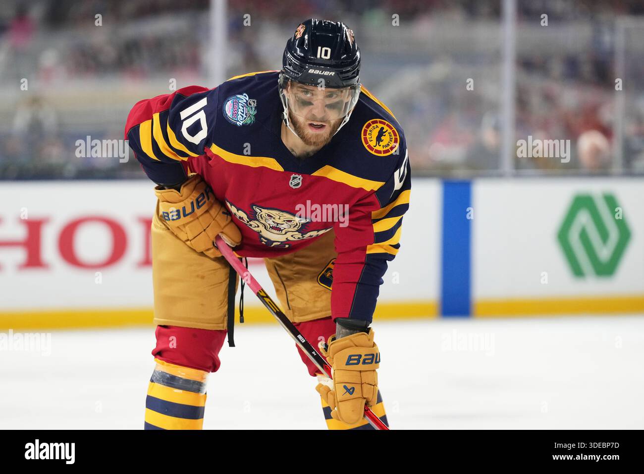 Florida Panthers left wing A.J. Greer (10) stands on the ice during the ...
