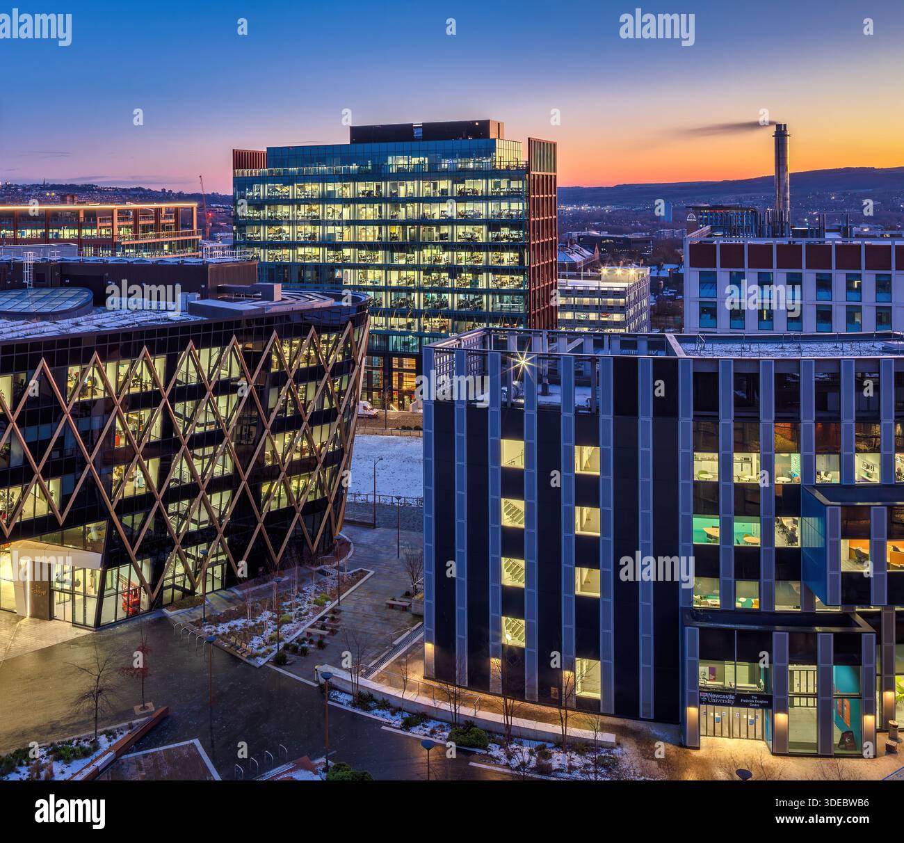 A view at dusk in winter from an elevated position of Newcastle Helix ...