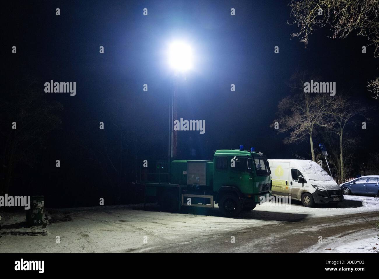 06 January 2026, Berlin: A diesel-powered electricity pylon stands near ...
