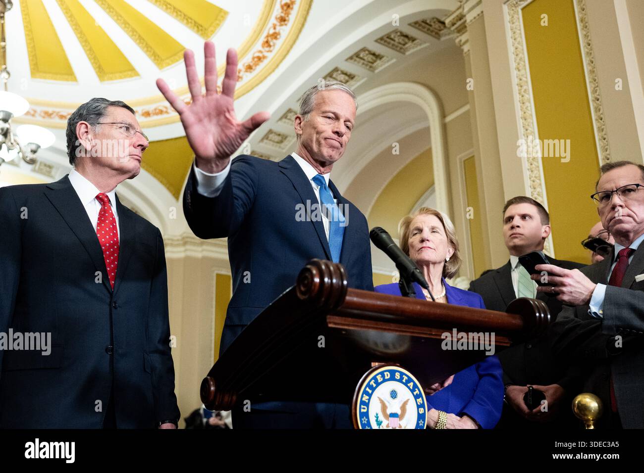 Senate Majority Leader John Thune (R-SD) speaking at a press conference ...