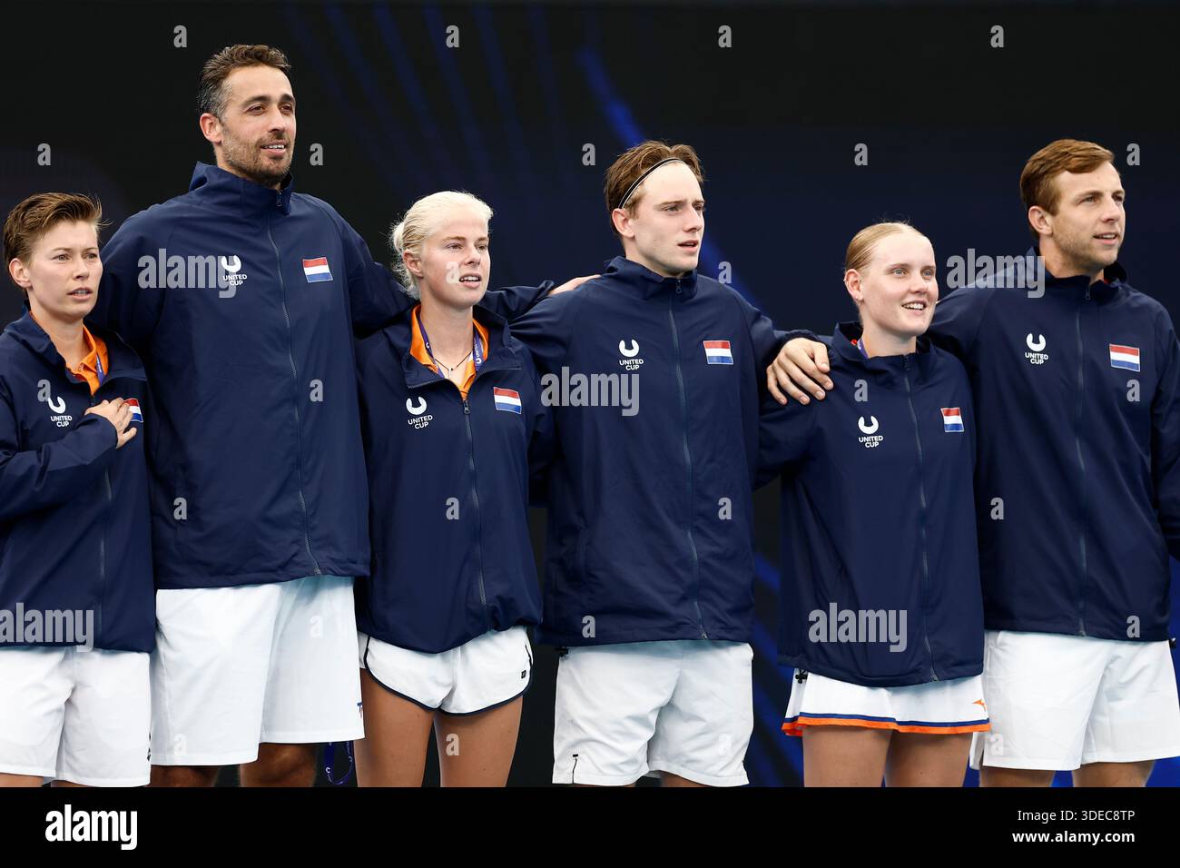 Team Netherlands line up for the playing of the national anthems on day ...
