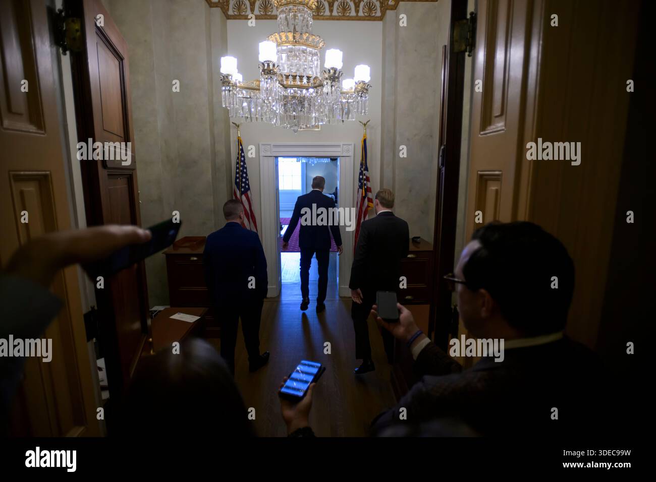 Senate Majority Leader John Thune, R-S.D., center, walks to his office ...