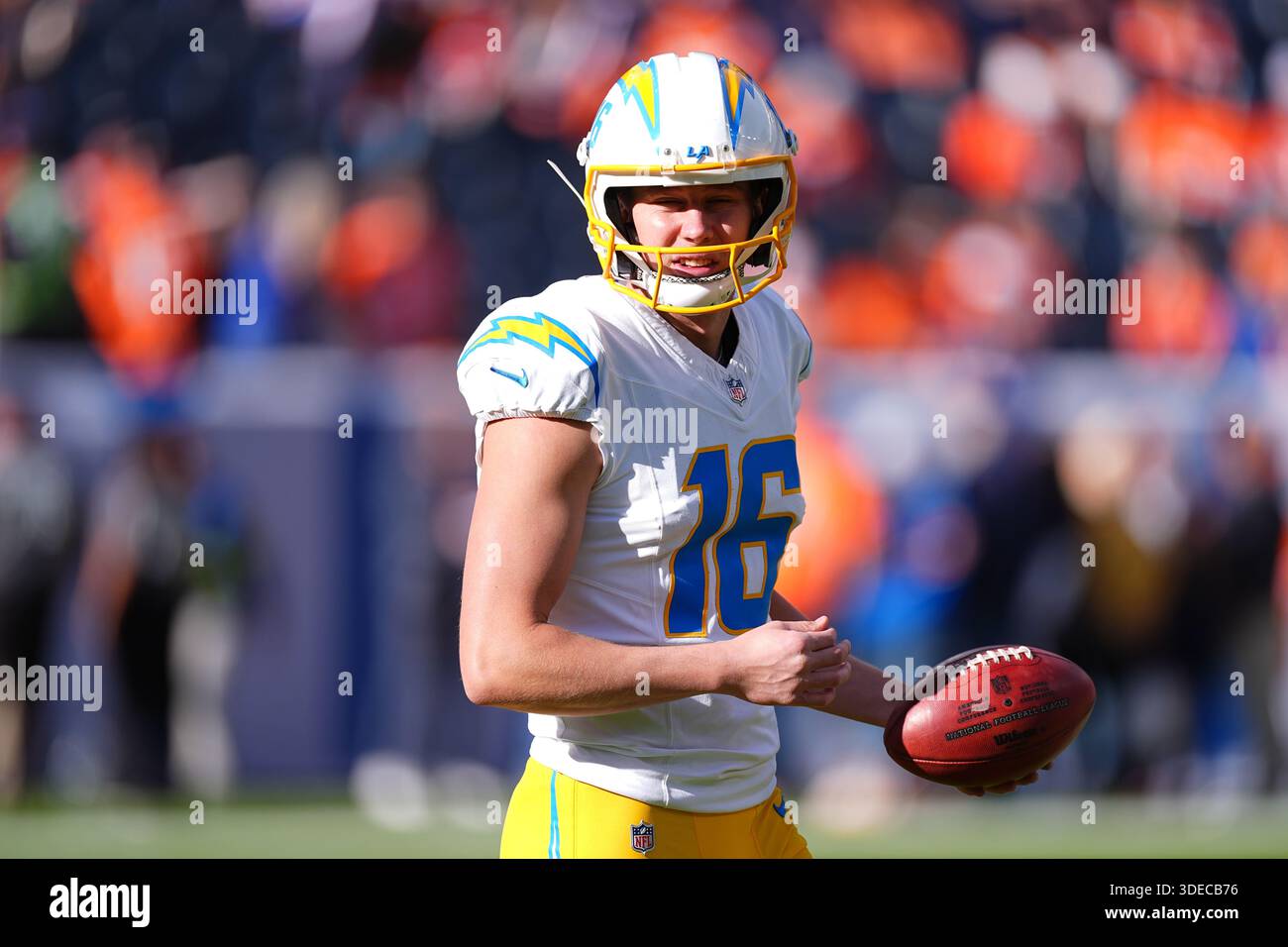 Los Angeles Chargers punter J.K. Scott (16) warms up before an NFL ...