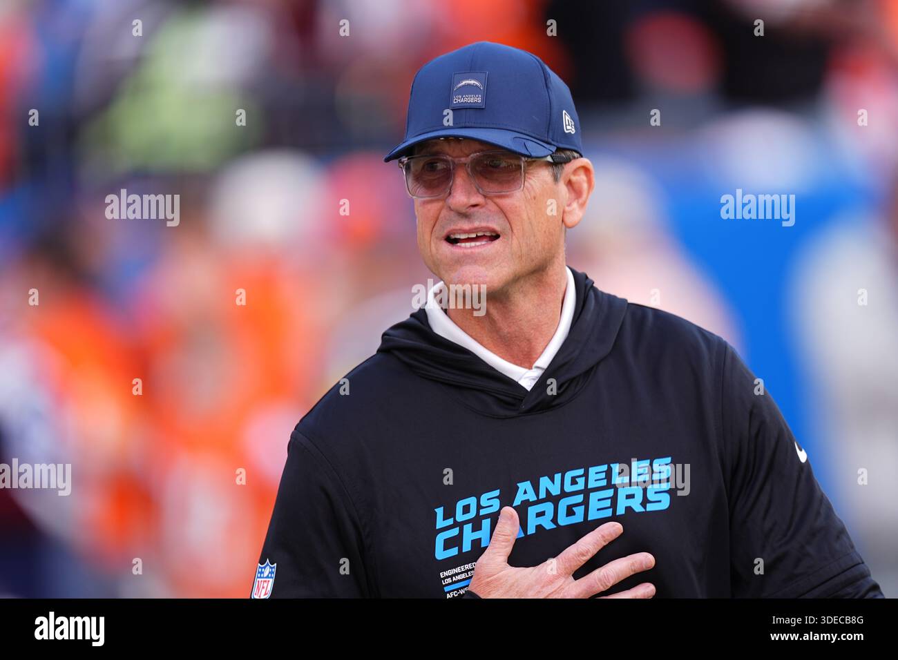 Los Angeles Chargers head coach Jim Harbaugh before an NFL football ...