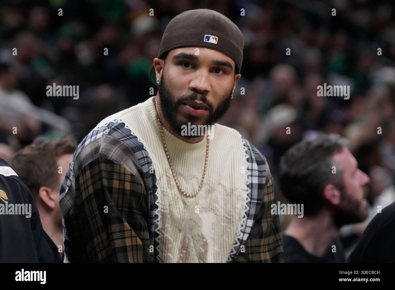 Boston Celtics forward Jayson Tatum on the bench during an NBA ...