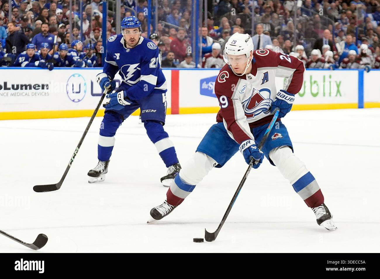 Colorado Avalanche center Nathan MacKinnon (29) takes a shot after ...