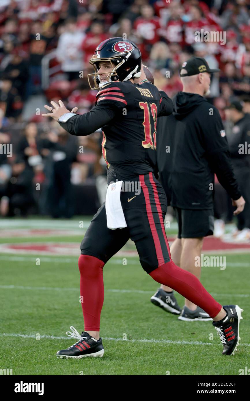 San Francisco 49ers quarterback Brock Purdy (13) warms up during an NFL ...
