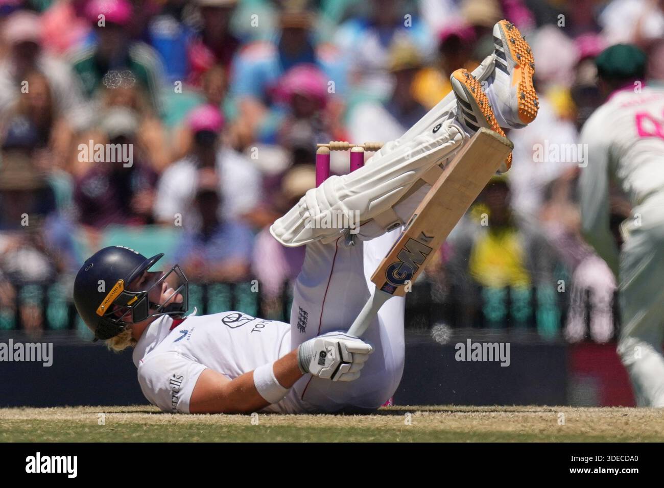 England's Jacob Bethell reacts as he avoids a bouncer while batting during play on day four of ...