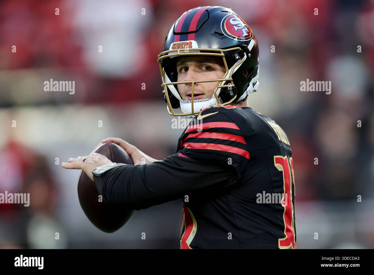 San Francisco 49ers quarterback Brock Purdy (13) warms up during an NFL ...