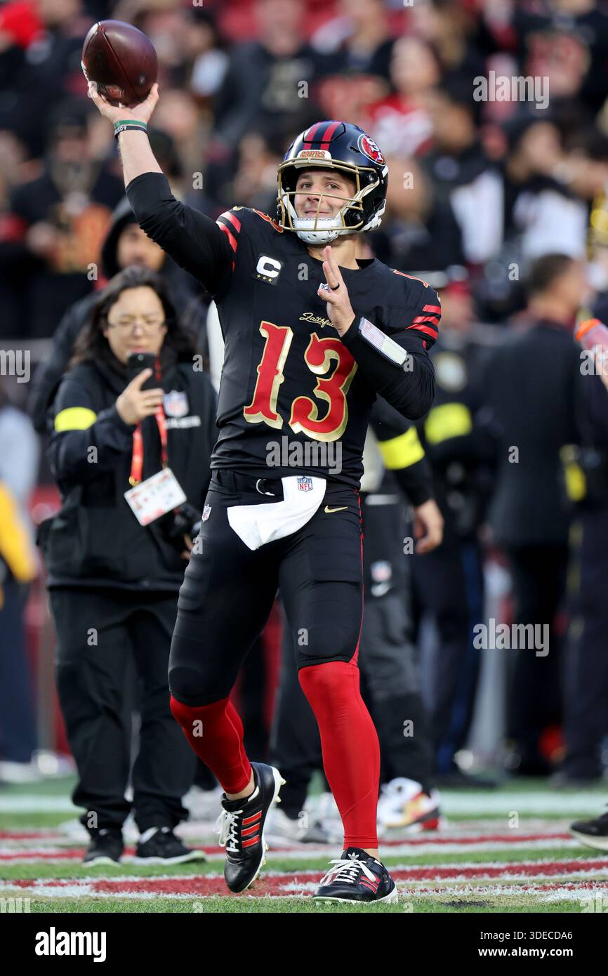 San Francisco 49ers quarterback Brock Purdy (13) warms up during an NFL ...