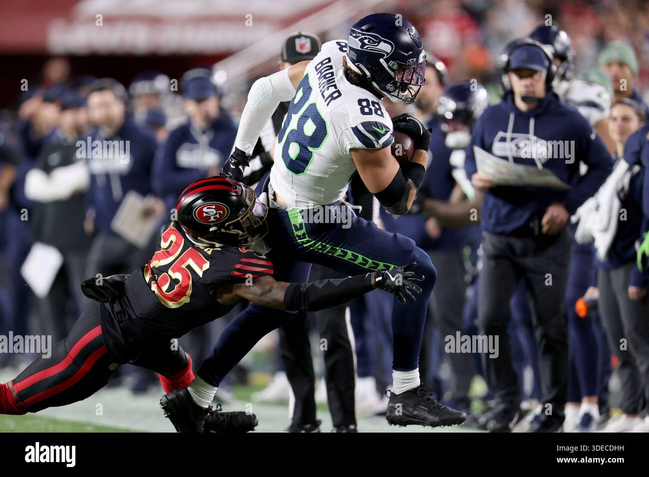 Seattle Seahawks tight end AJ Barner (88) runs around San Francisco ...