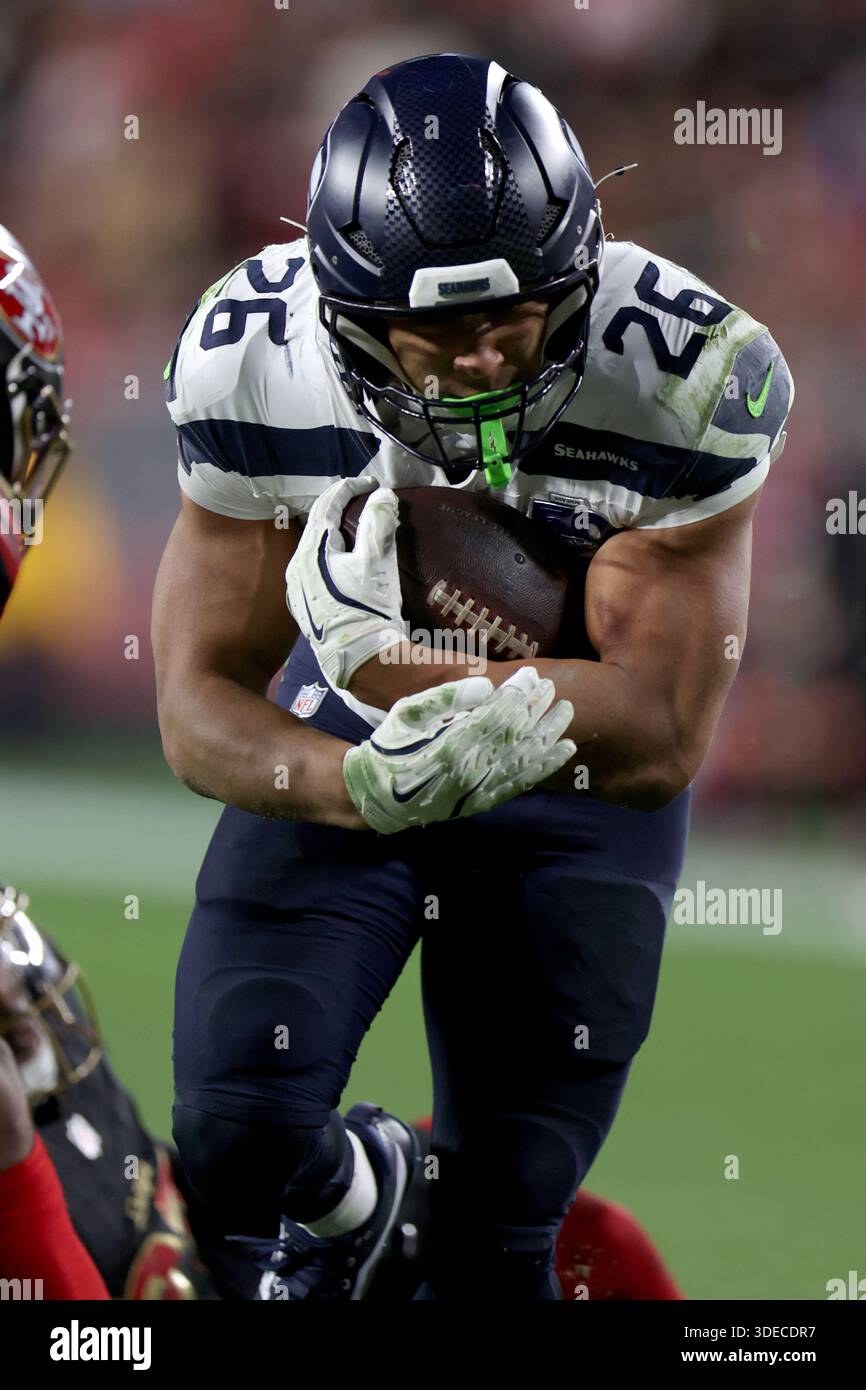 Seattle Seahawks running back Zach Charbonnet (26) runs during an NFL ...