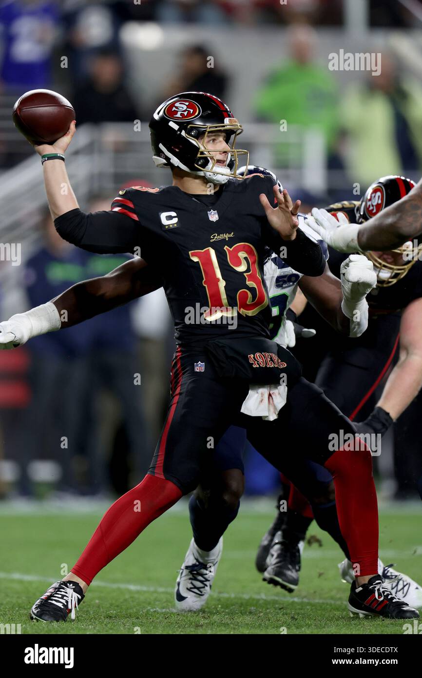 San Francisco 49ers quarterback Brock Purdy (13) throws during an NFL ...