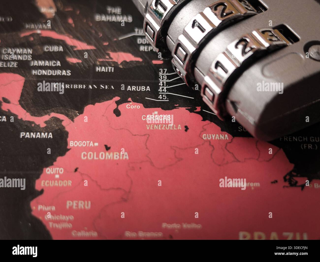 Closeup red venezuela map with padlock ,Venezuela's viral issue with ...