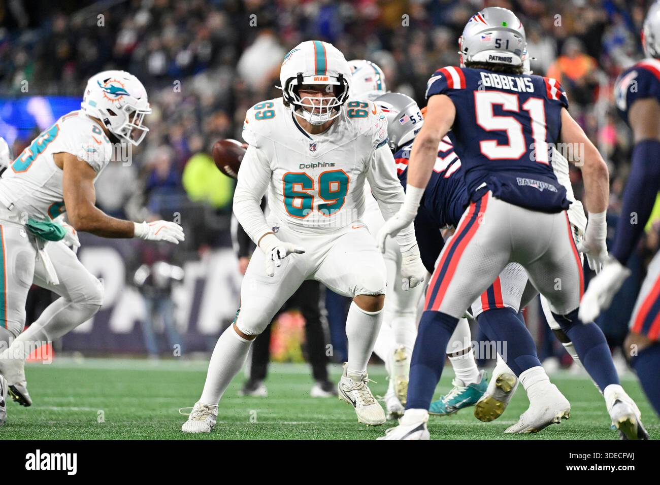 Jan 4, 2026; Foxboro, Massachusetts, USA; Miami Dolphins guard Cole ...