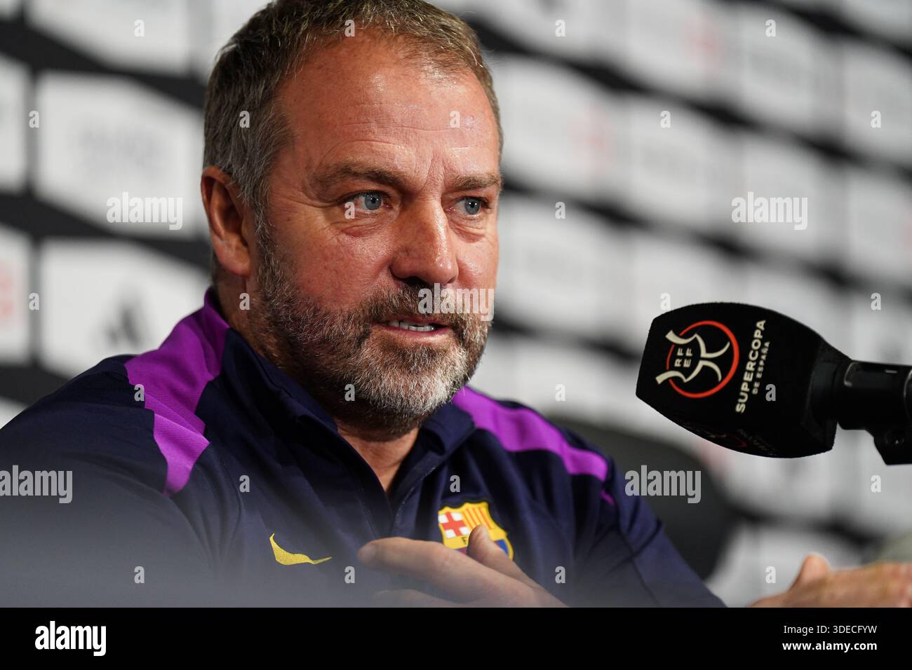 FC Barcelona coach Hansi Flick speaks during a press conference ahead ...