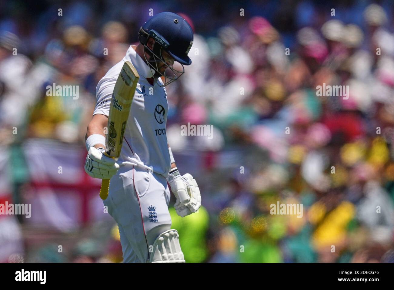 England's Ben Duckett reacts as he walks from the filed after he was ...