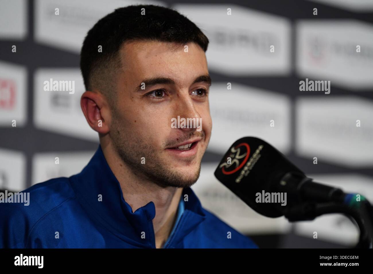 FC Barcelona goalkeeper Joan Garcia speaks during a press conference ...
