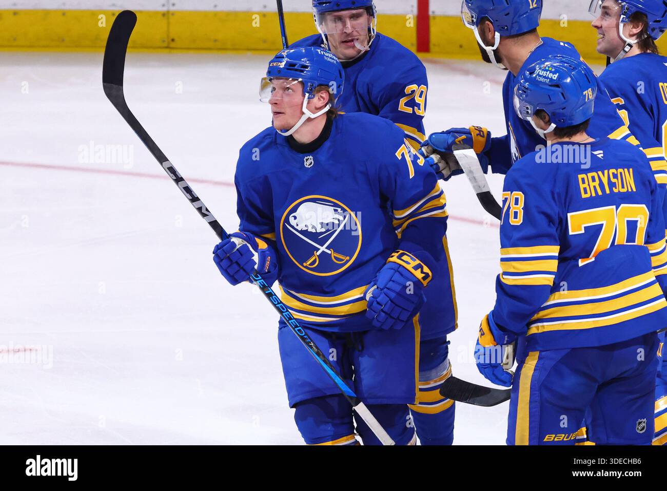Buffalo Sabres defenseman Zach Metsa (73) celebrates his goal during ...