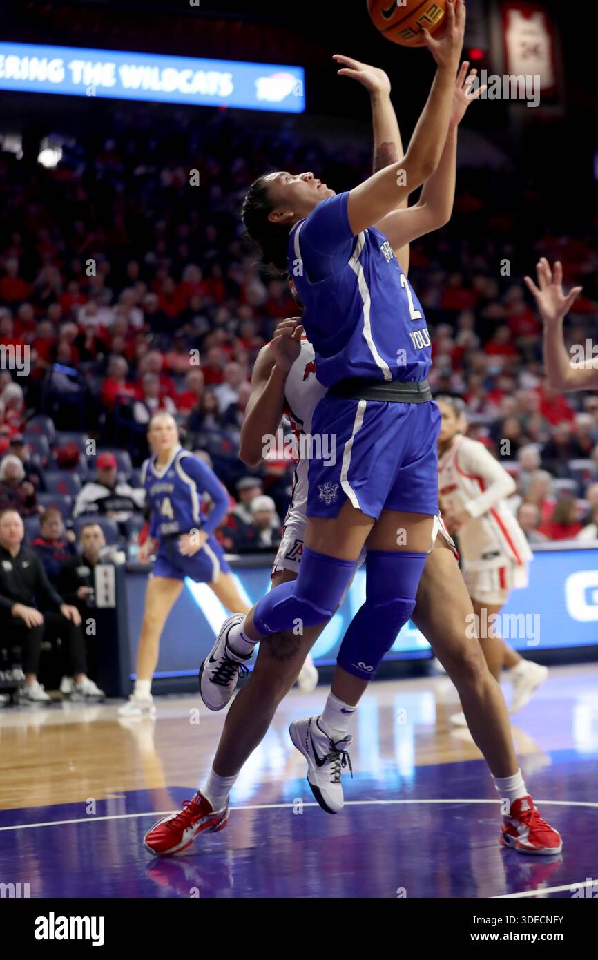 TUCSON, AZ - JANUARY 06: BYU Cougars guard Sydney Benally (2) lays up ...