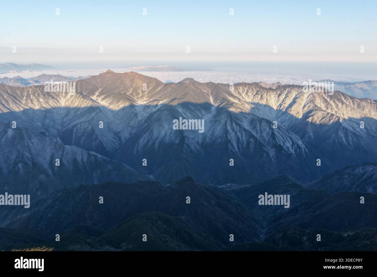Aerial photo shows the snow-capped mountains in Wuyishan Town, Yanshan ...