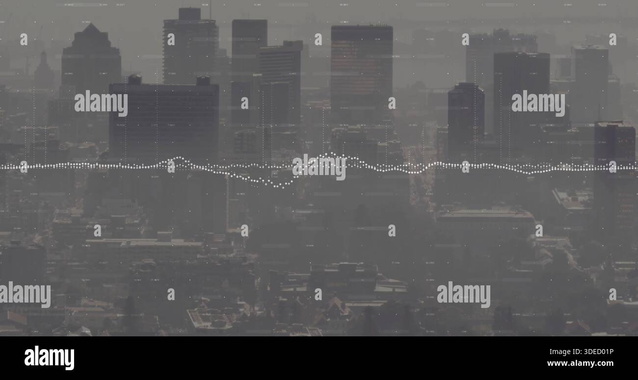 Showing downtown cluster of towers rising through haze above roofs ...