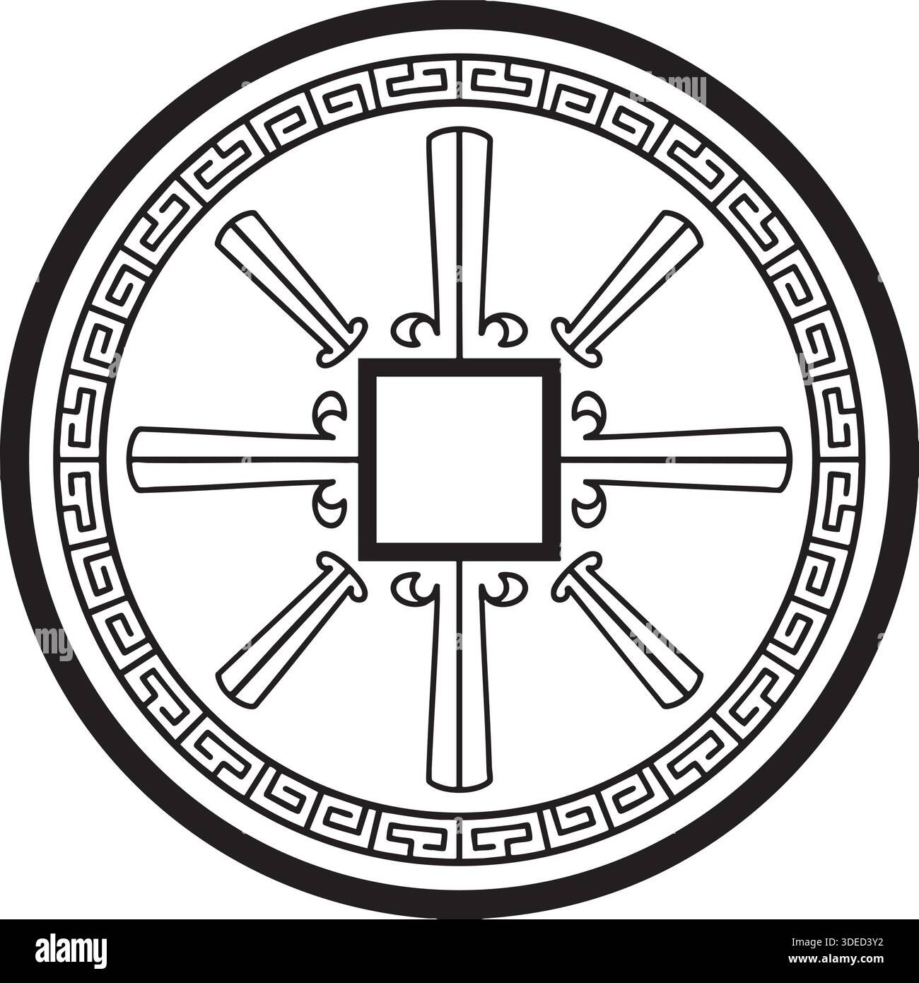 Chinese Coin Symbol with Square Hole and Meander Border in Clean Black ...