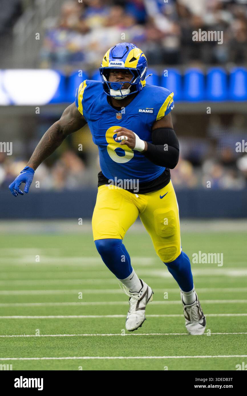 Los Angeles Rams linebacker Jared Verse (8) runs during an NFL football ...