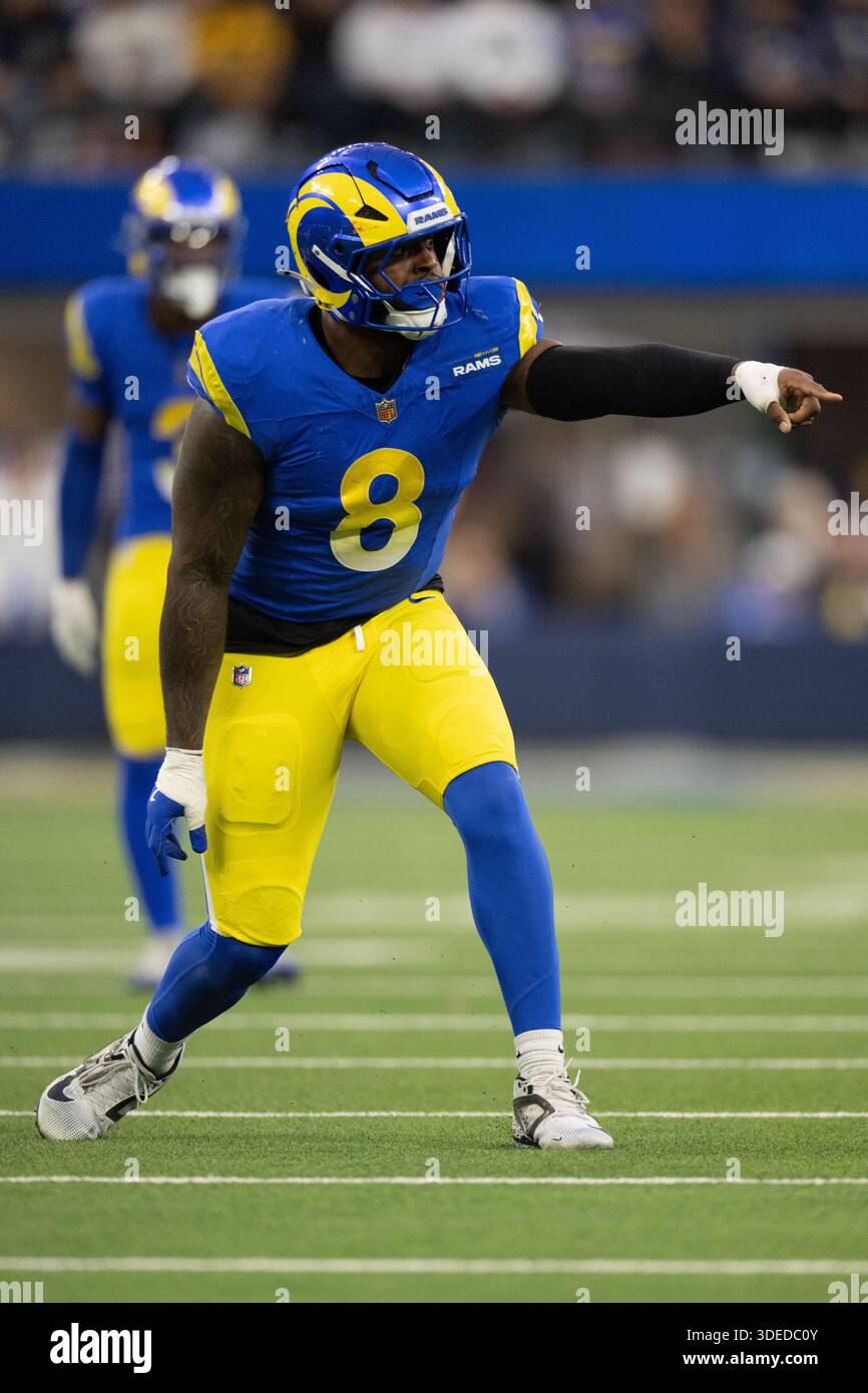 Los Angeles Rams linebacker Jared Verse (8) gestures during an NFL ...