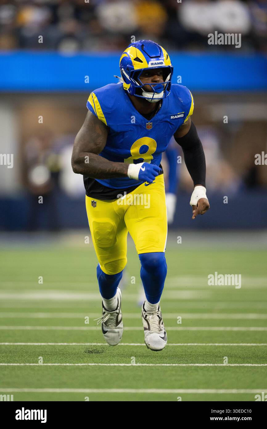 Los Angeles Rams linebacker Jared Verse (8) runs during an NFL football ...