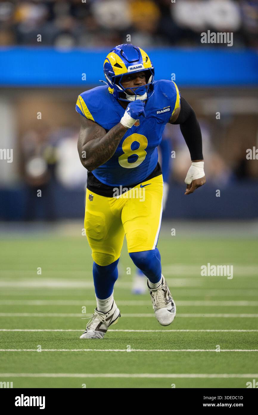 Los Angeles Rams linebacker Jared Verse (8) runs during an NFL football ...
