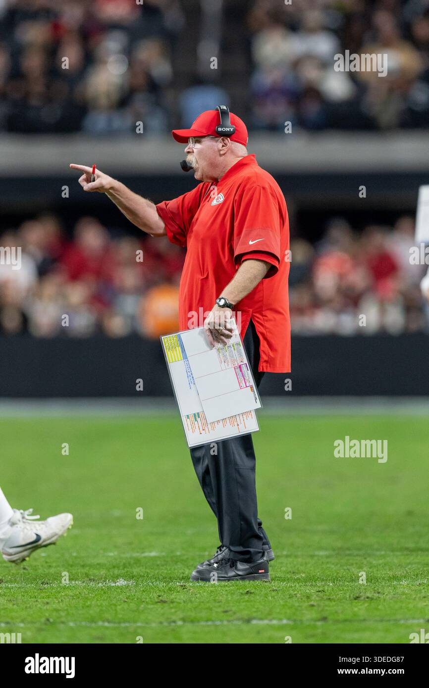 Kansas City Chiefs head coach Andy Reid coaches against the Las Vegas ...
