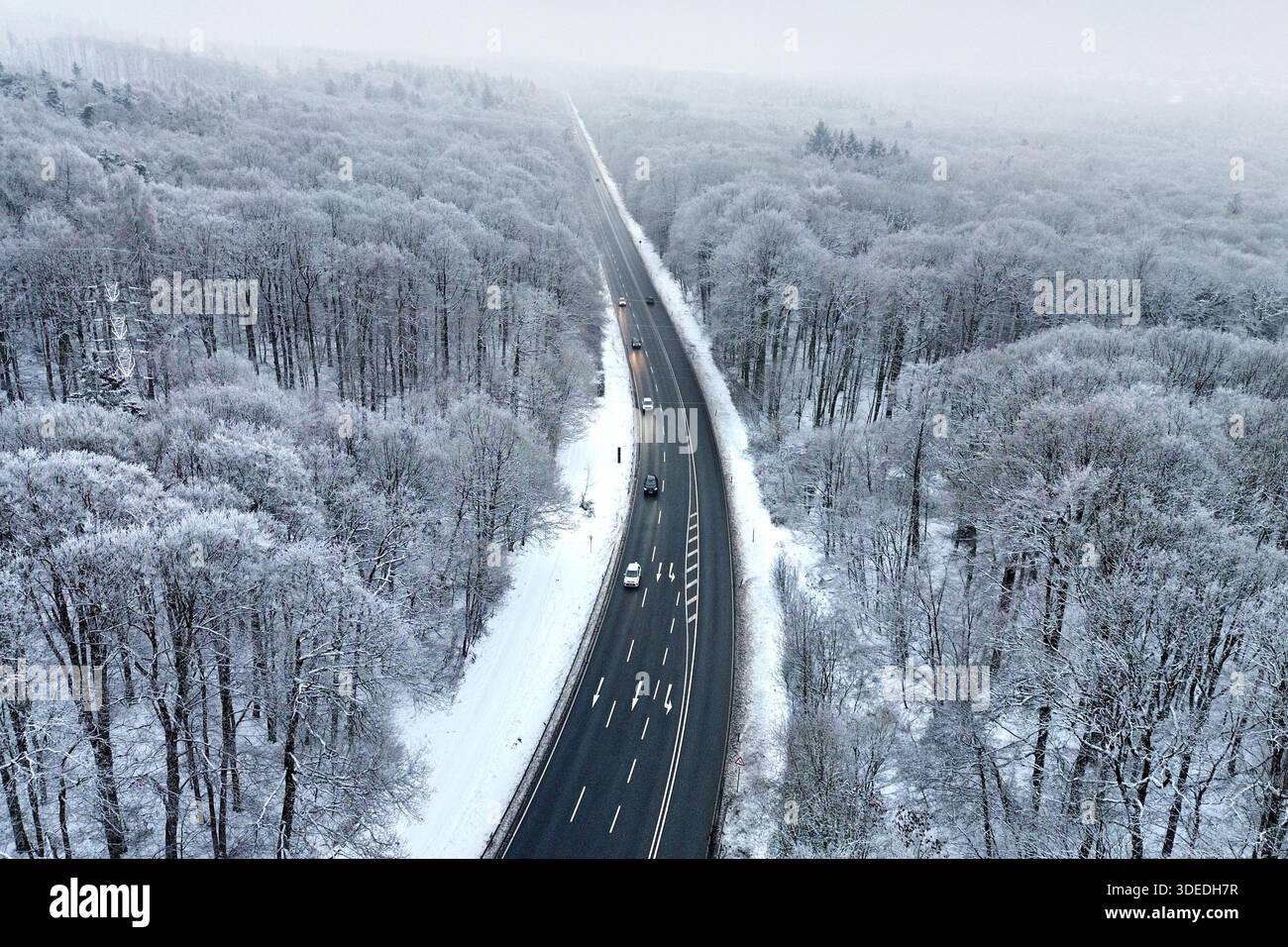 Cars drive through a frozen forest in the Taunus region near Frankfurt ...