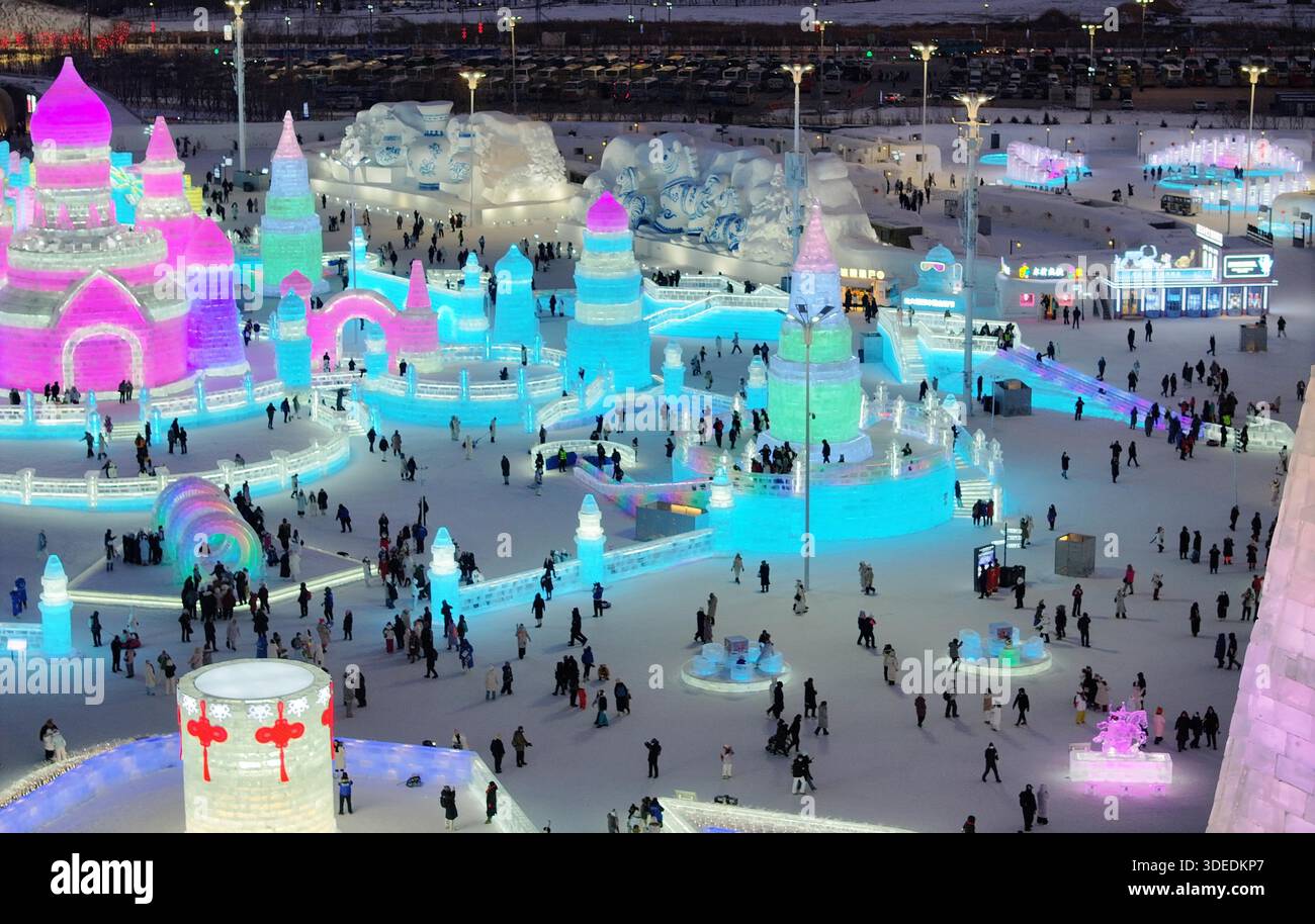 Tourists visit the Harbin Ice and Snow World during the peak ice-snow ...