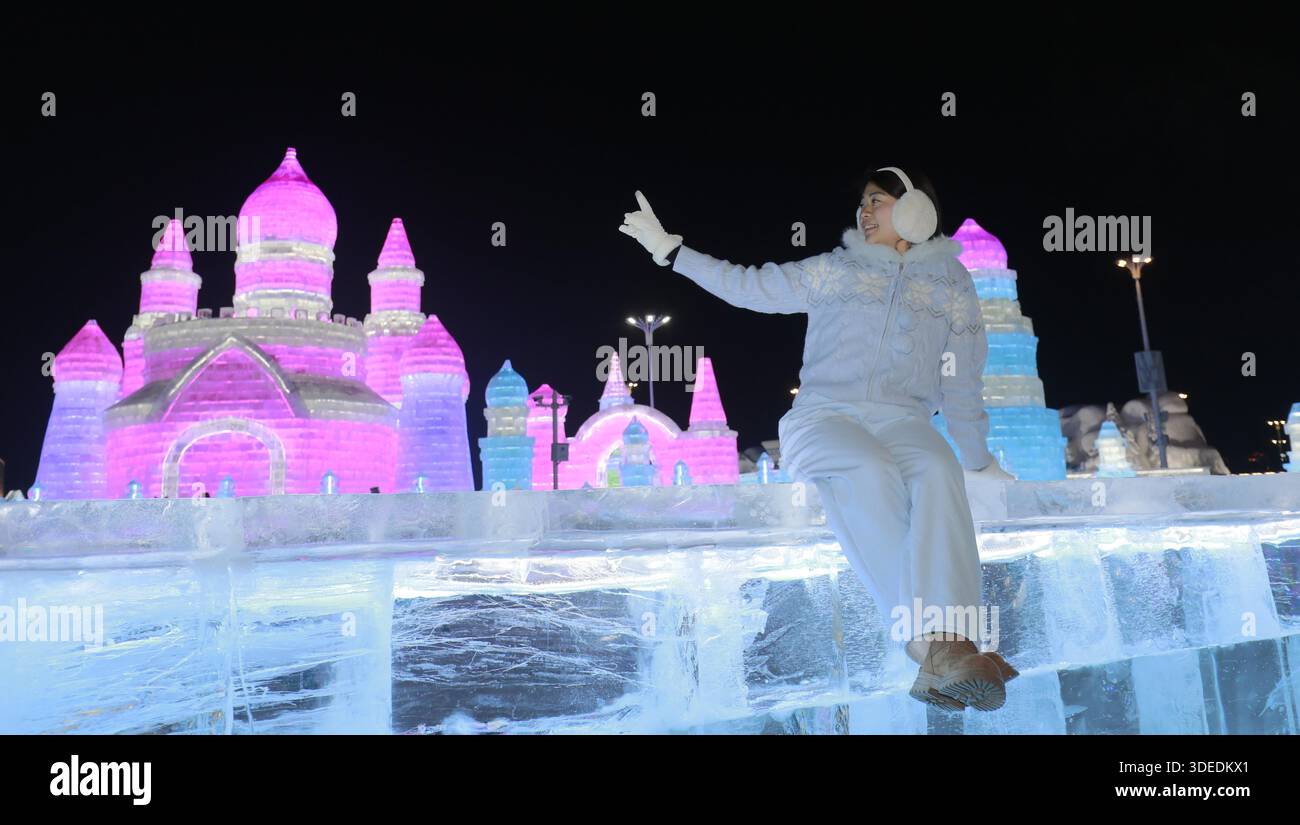 Tourists visit the Harbin Ice and Snow World during the peak ice-snow ...