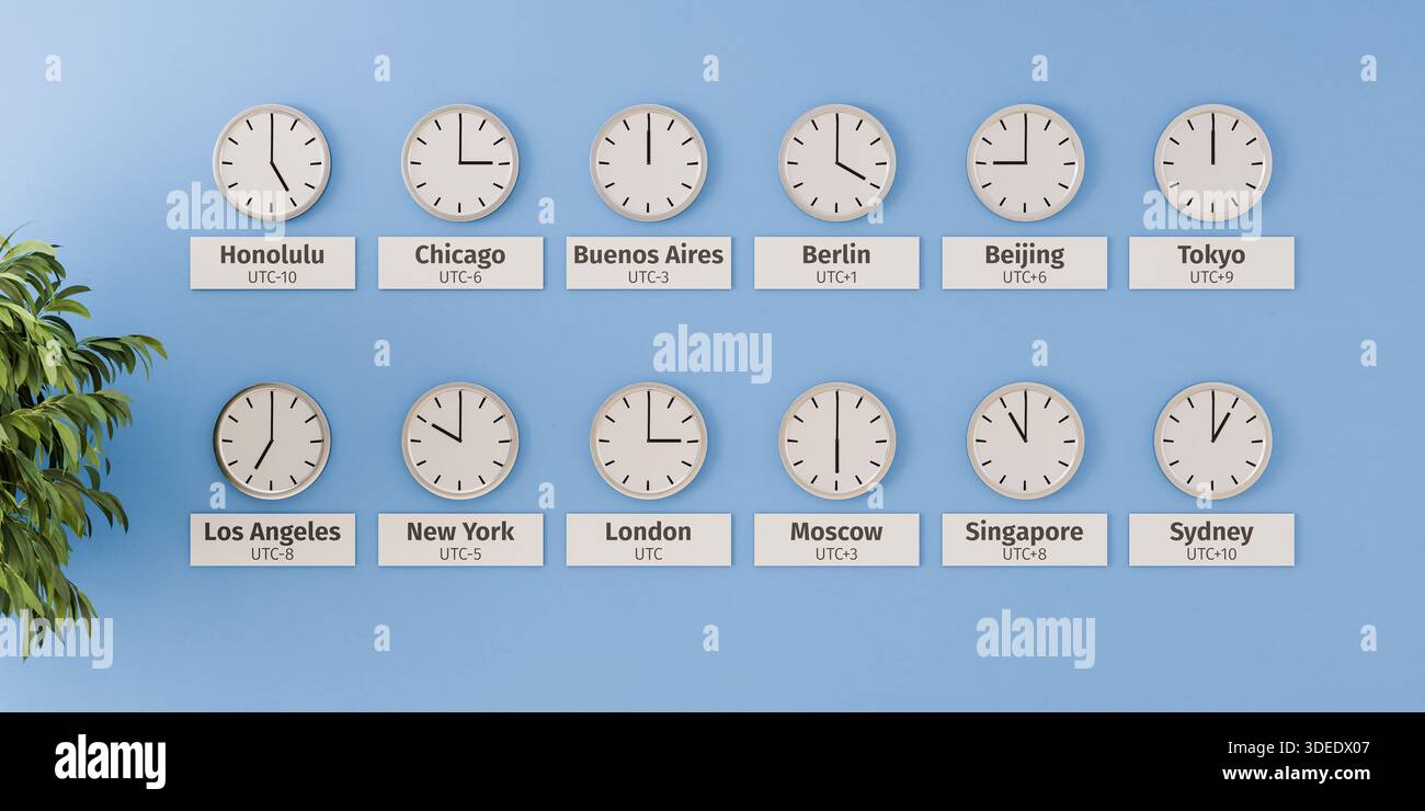 Different clocks with different timezones and cities on a wall ...