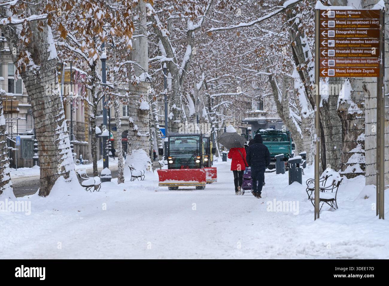 A snowplow clears snow on a road in Zagreb, Croatia, on January 7, 2026 ...