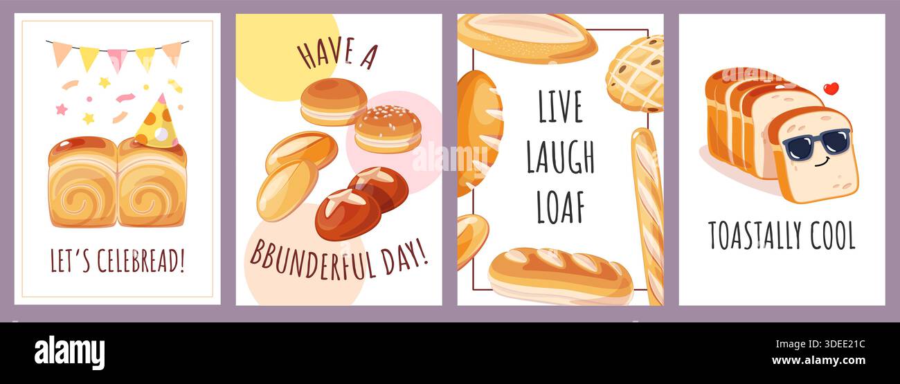 Cartoon bread cards. Flour products of various types, rolls, toasts ...