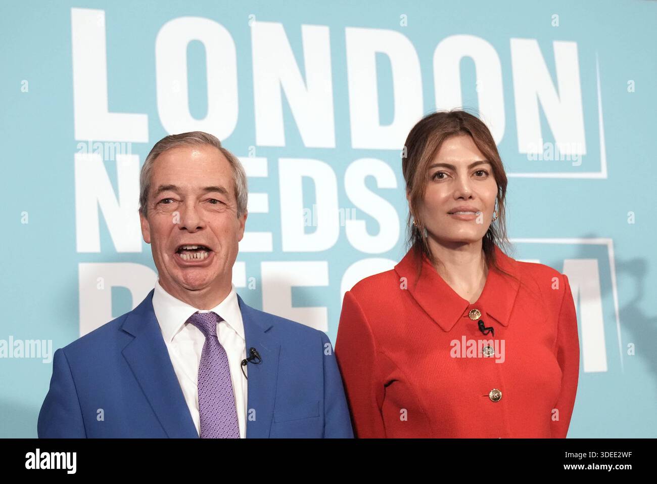 Reform UK's Laila Cunningham with party leader Nigel Farage during a ...